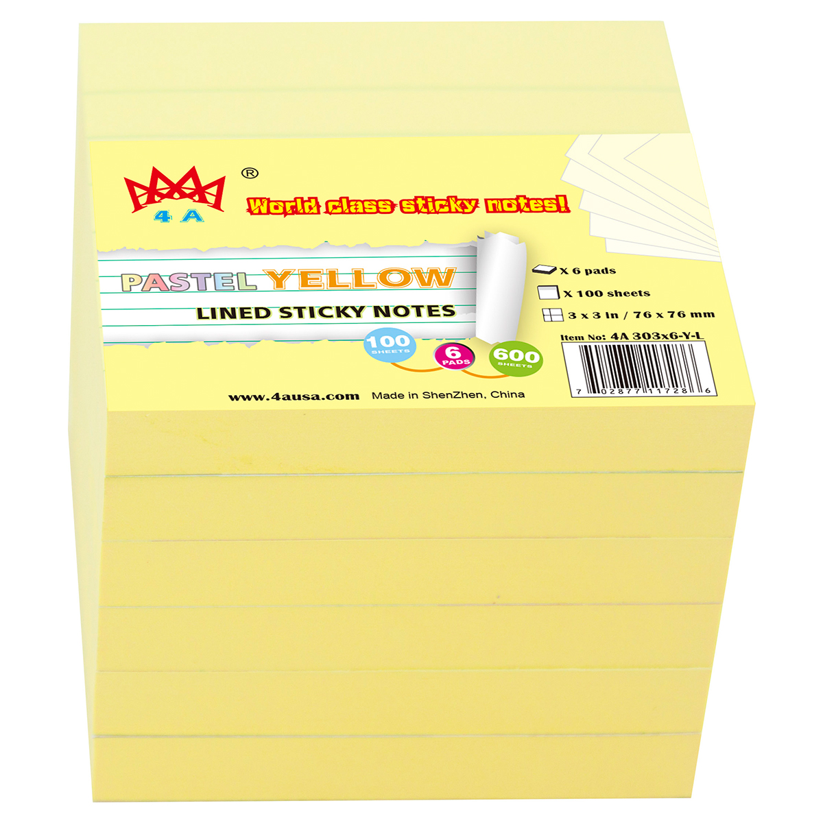 4A Sticky notes,3 x 3-Inches,Canary Yellow, Lined, 100 sheets,6 pads ...